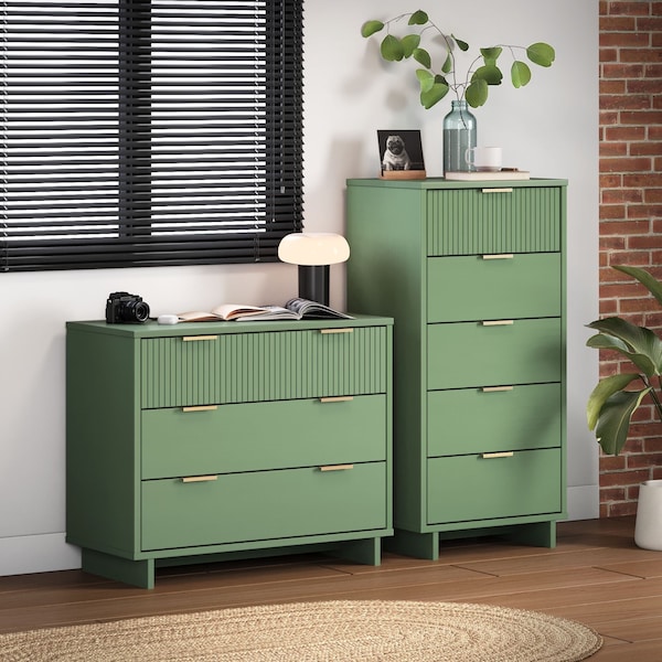 Manhattan Comfort Granville Sage Green 2pc Tall Narrow and Standard Dresser Set